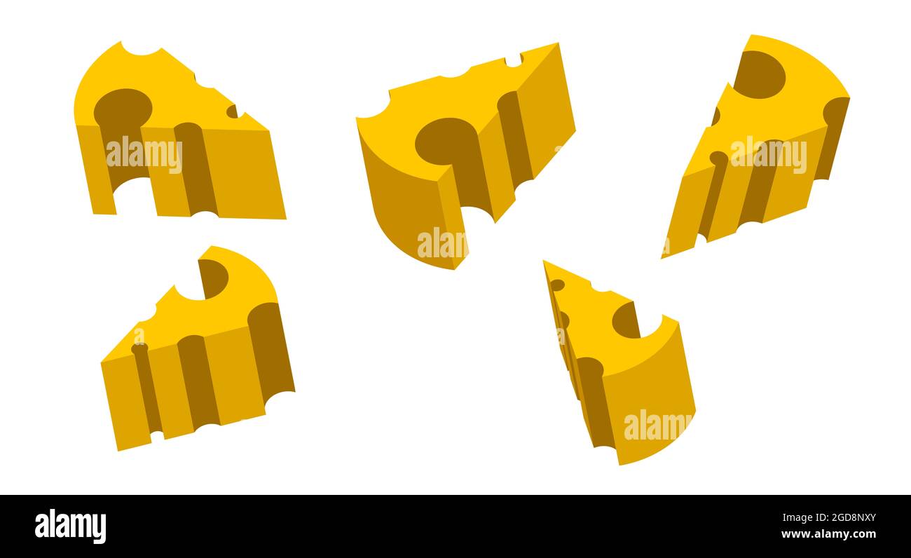 Pieces of cheese with holes in different angles. Cartoon dairy products ...
