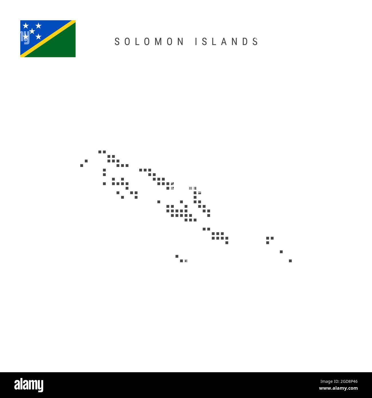 Square dots pattern map of Solomon Islands. Solomon Islands dotted pixel map with national flag ...