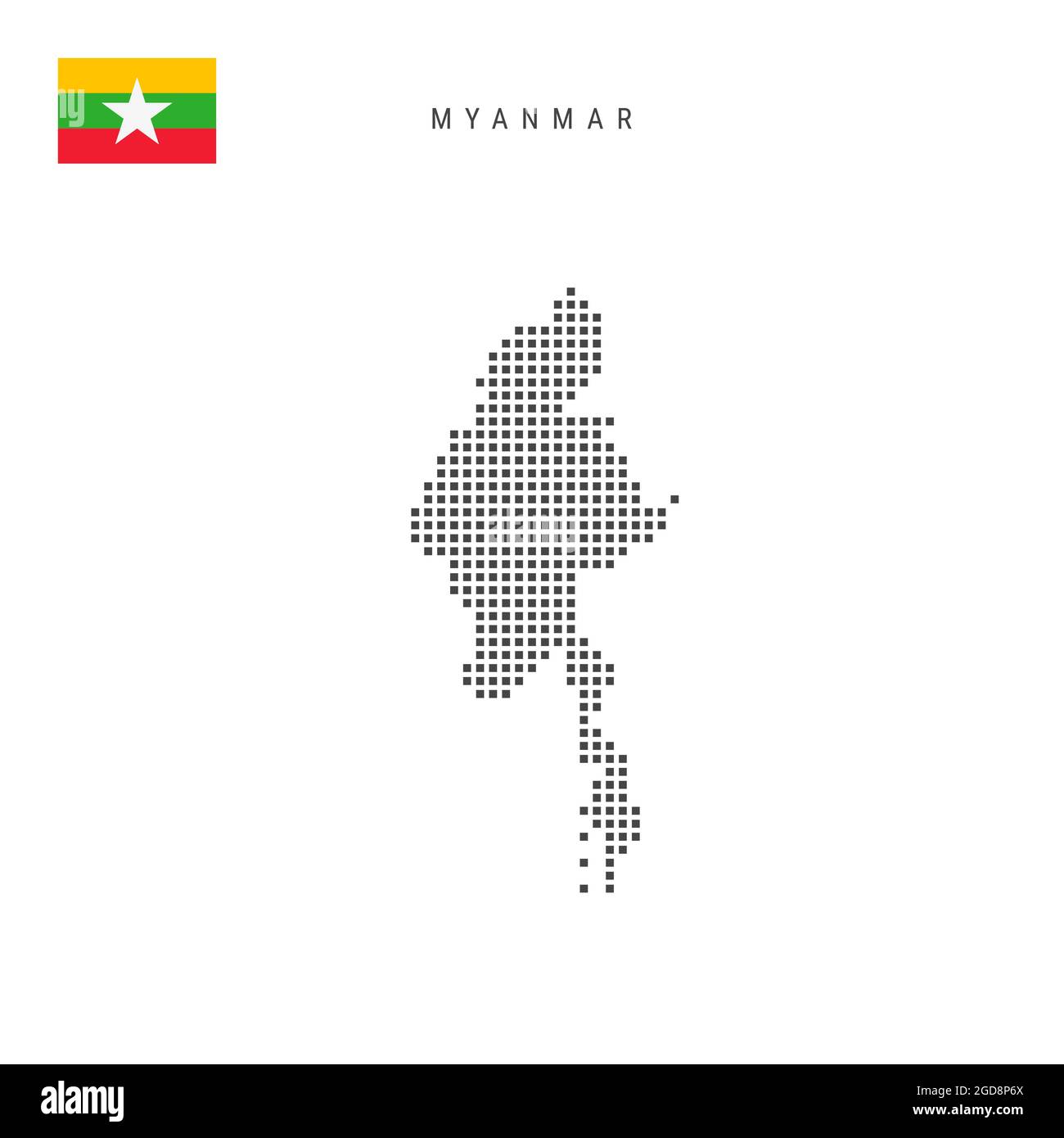 Square dots pattern map of Myanmar. Burma dotted pixel map with national flag isolated on white ...