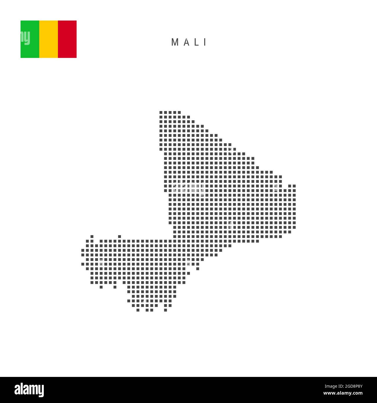 Square dots pattern map of Mali. Malian dotted pixel map with national flag isolated on white ...