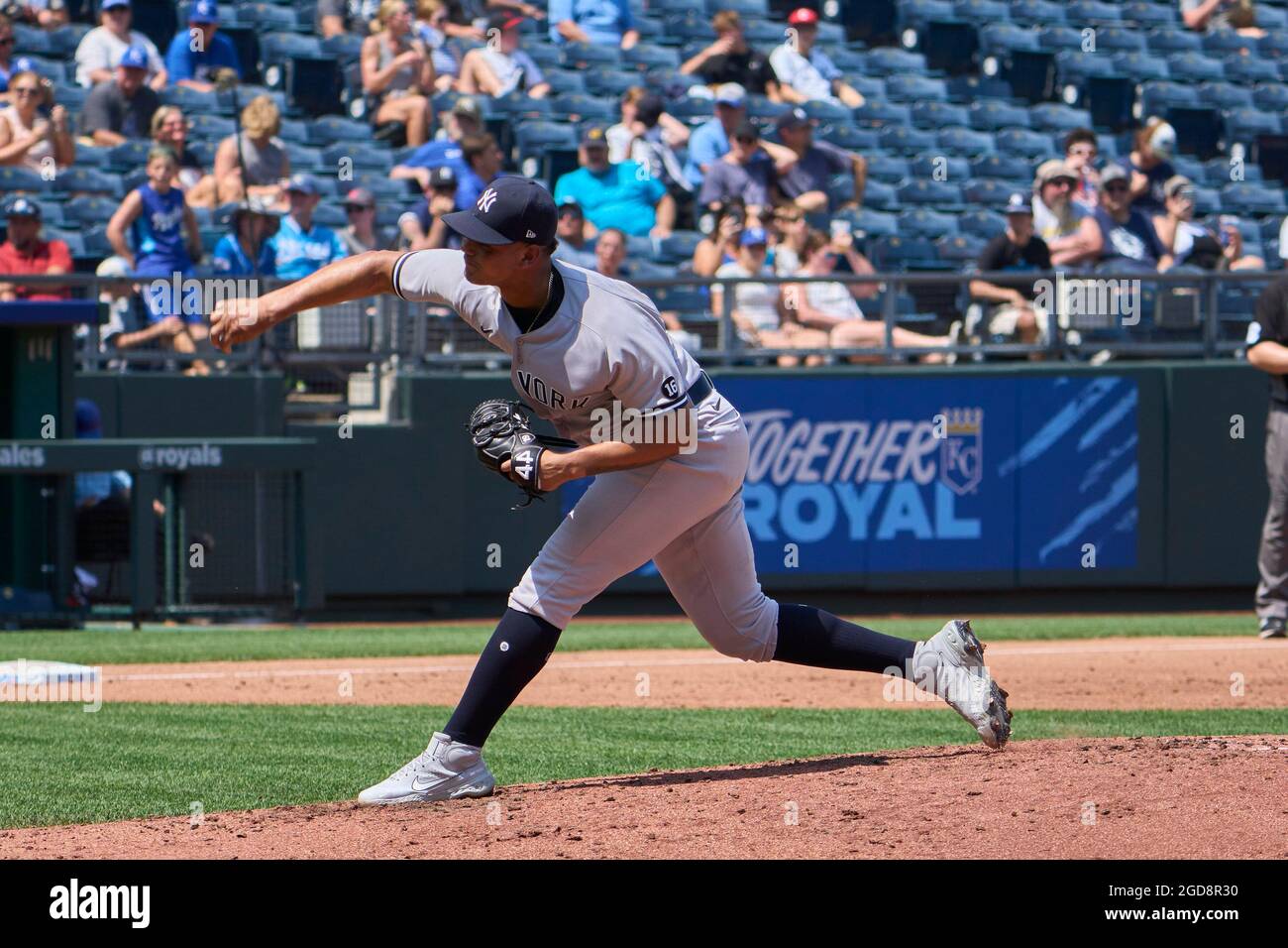 Kansas City, USA. August 11 2021: New York pitcher Albert Abreu (84 ...