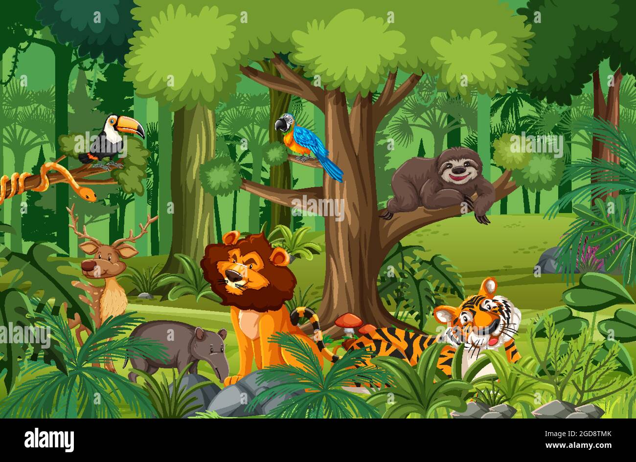 Wild animal cartoon character in the forest scene illustration Stock ...