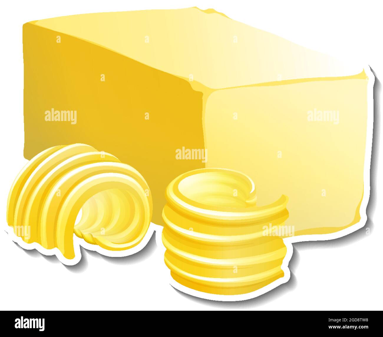 Bar of butter with butter slice sticker on white background ...