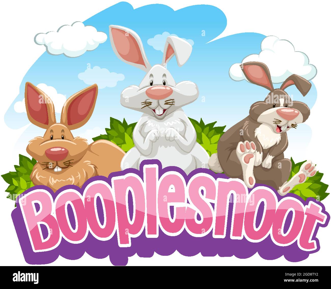 Many rabbits cartoon character with Booplesnoot font banner isolated ...