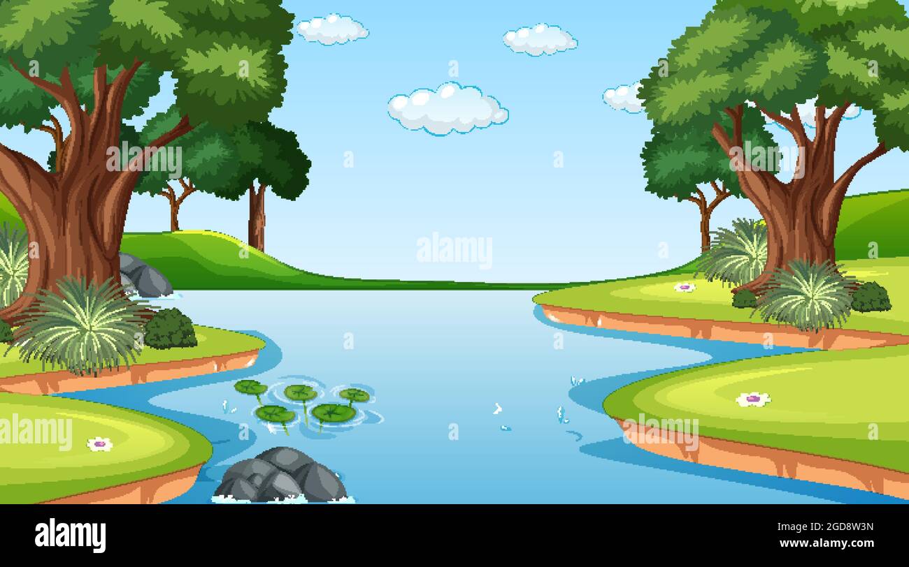 Nature forest landscape at daytime scene with long river flowing ...