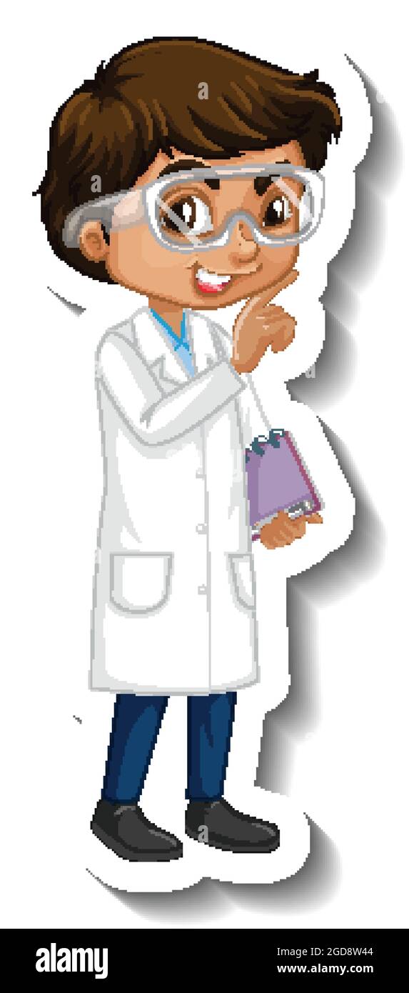 Cartoon character sticker with a boy in science gown illustration Stock ...