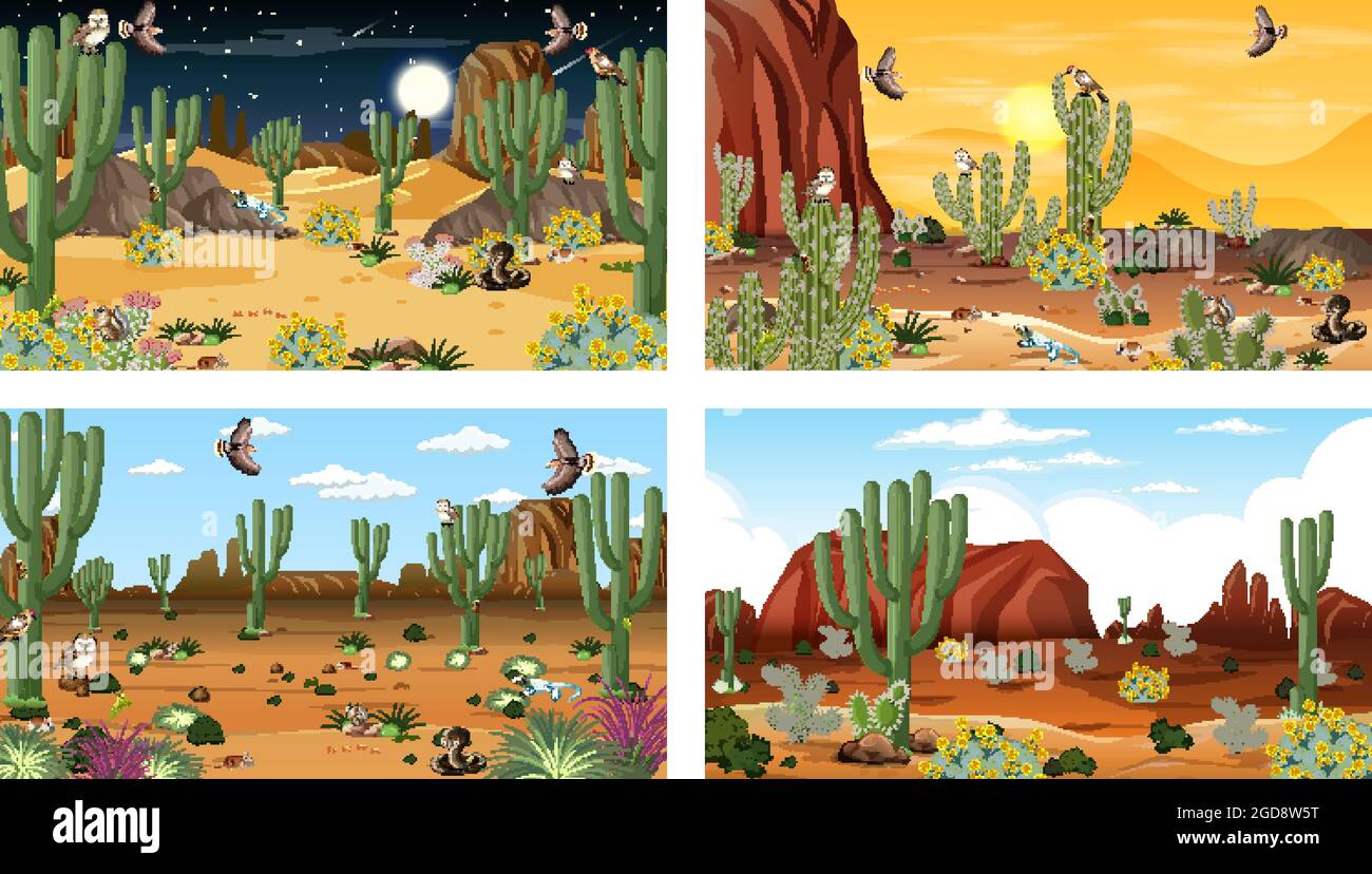 Different scenes with desert forest landscape with animals and plants ...