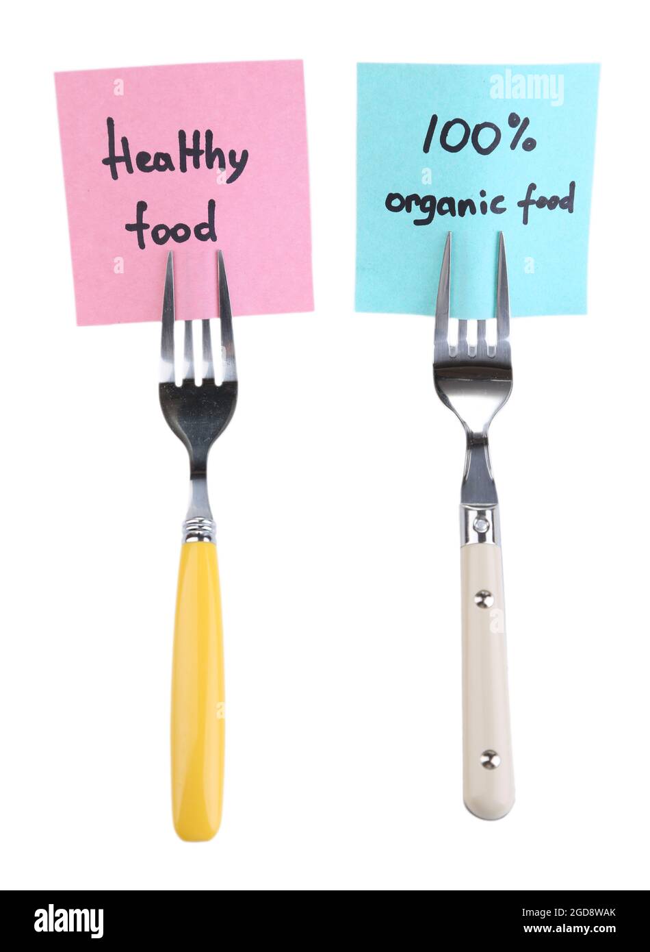 Note papers with messages attached to forks, isolated on white Stock ...