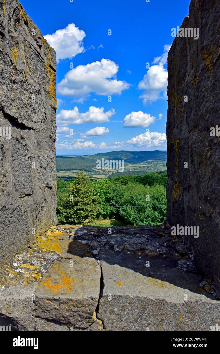 Northward view through the crenel of the battlement at the ...