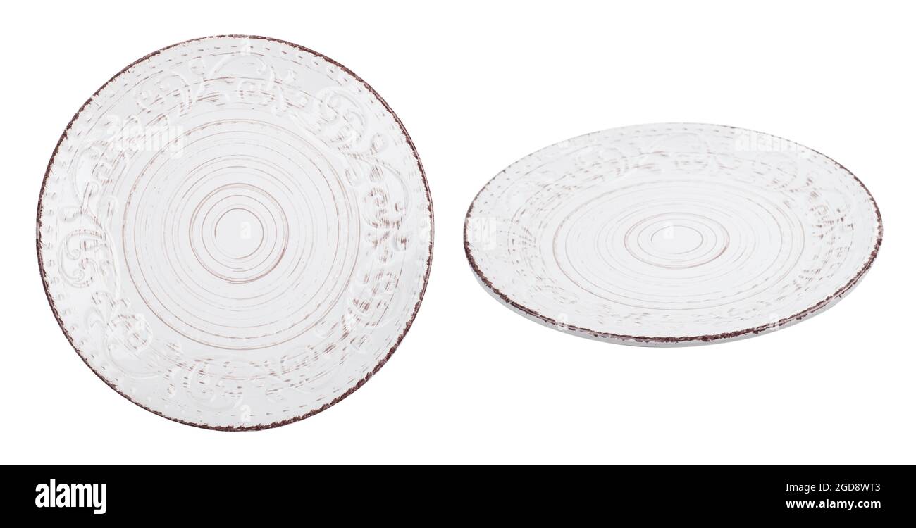 Beige ceramic plate isolated on white background. View from side and ...