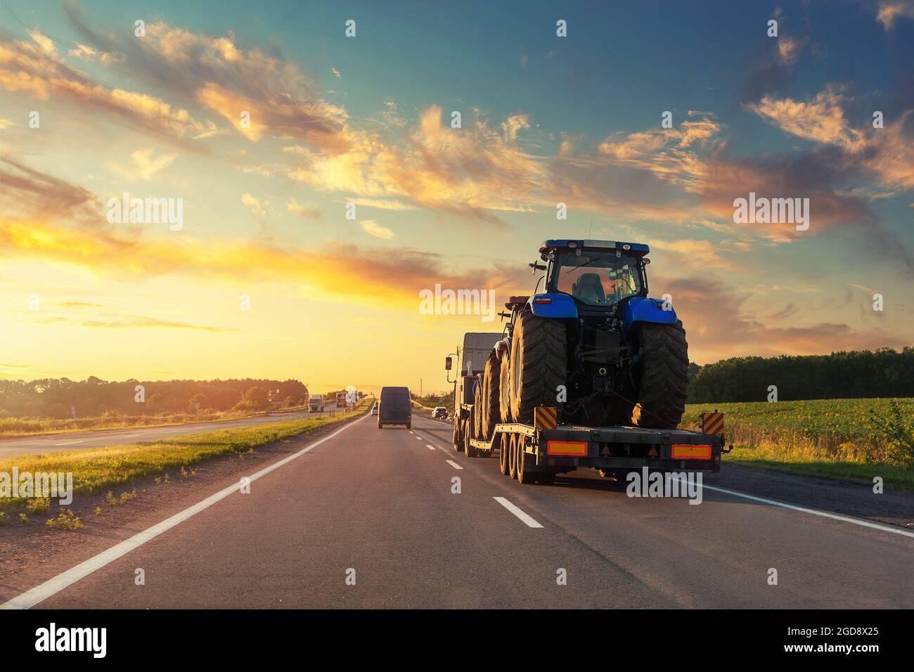 POV heavy industrial truck semi trailer flatbed platform transport two ...