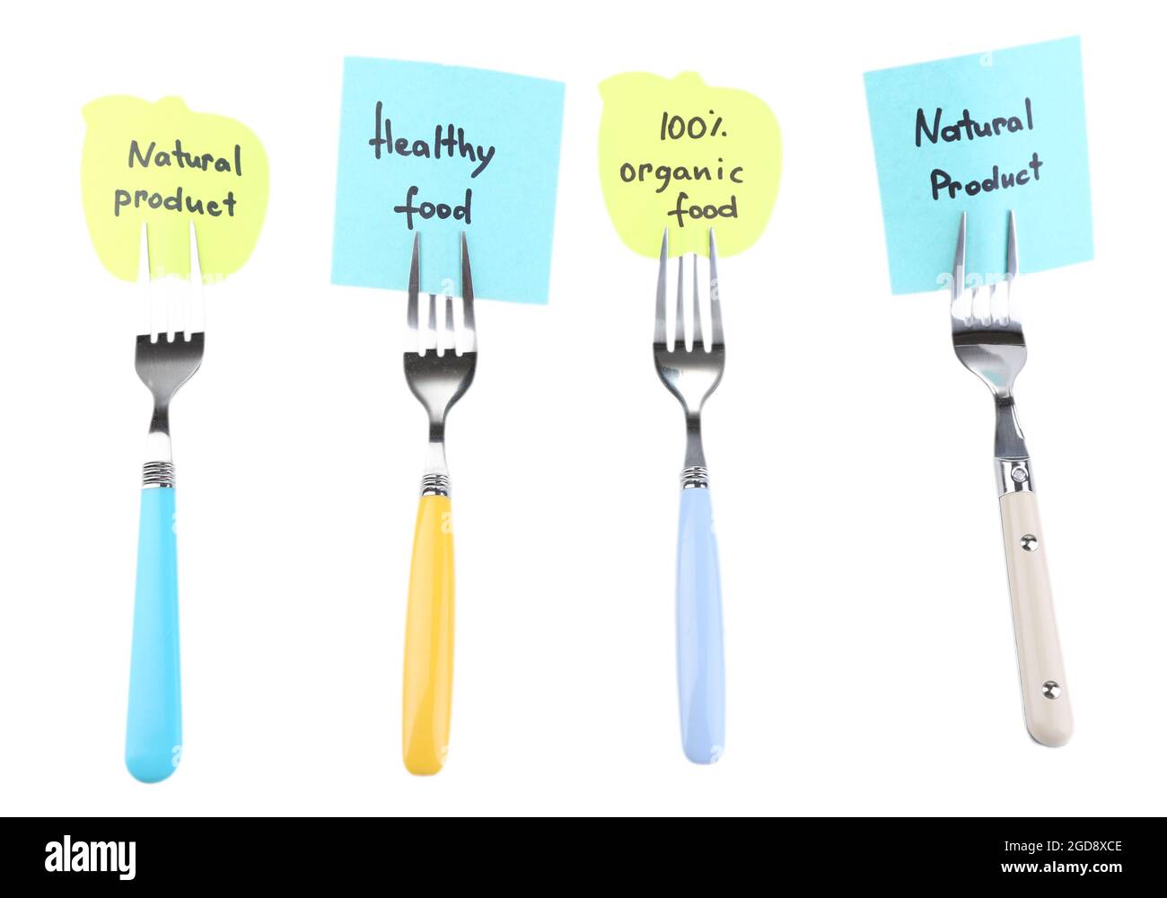 Note papers with messages attached to forks, isolated on white Stock ...