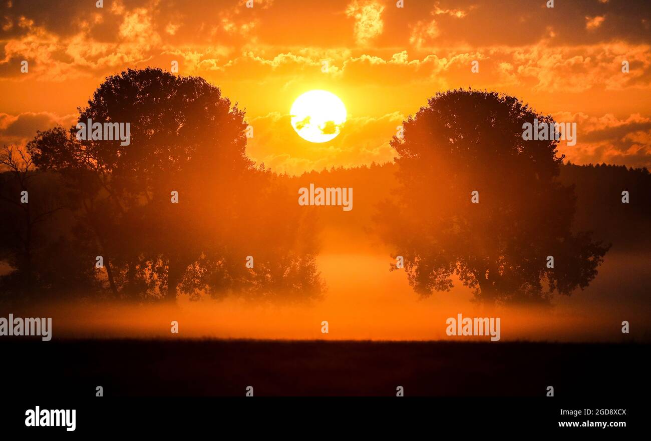 Riedlingen, Germany. 12th Aug, 2021. The sun rises in front of two ...