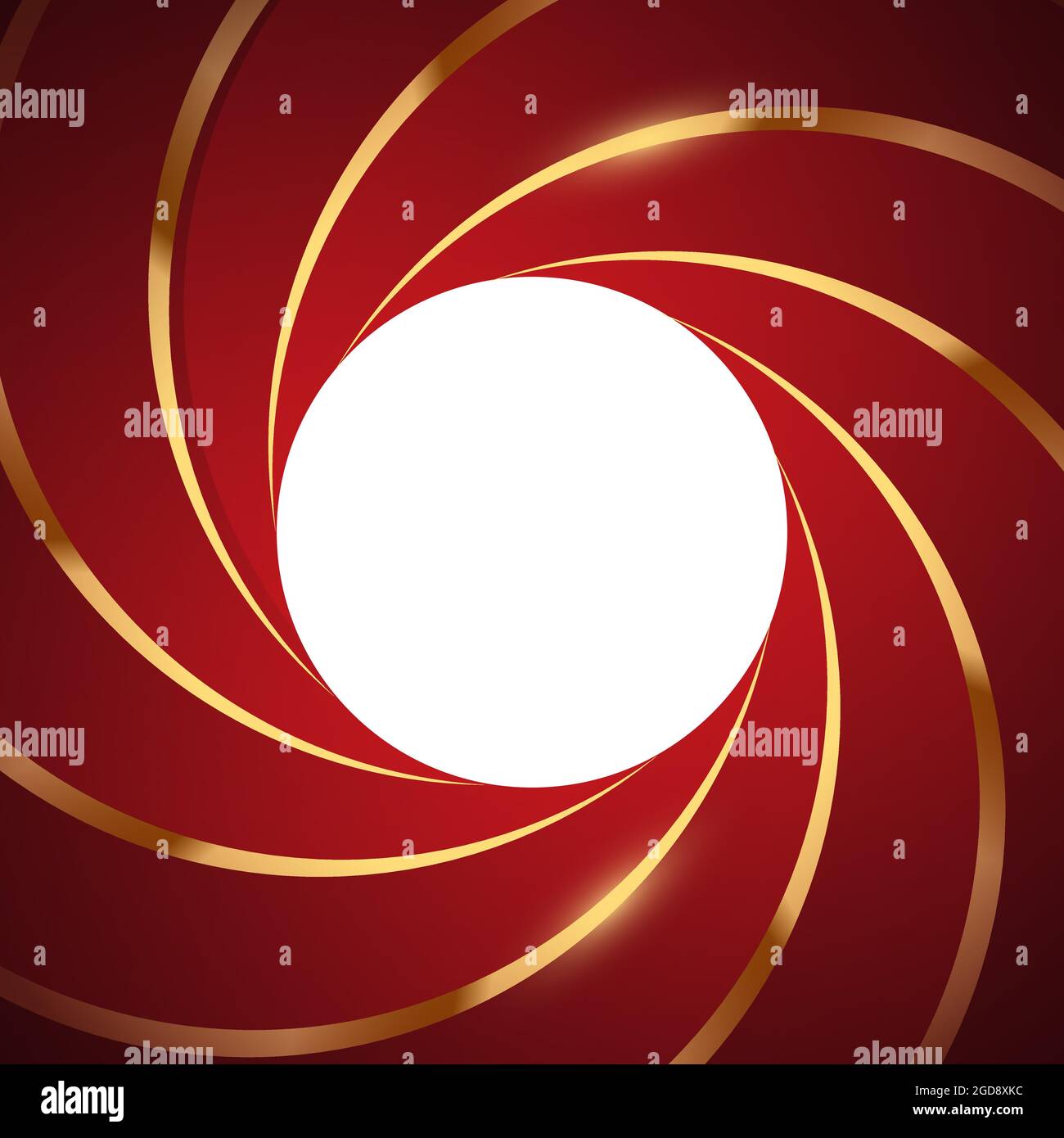 Red background with gold spiral stripes and white circle in centre ...