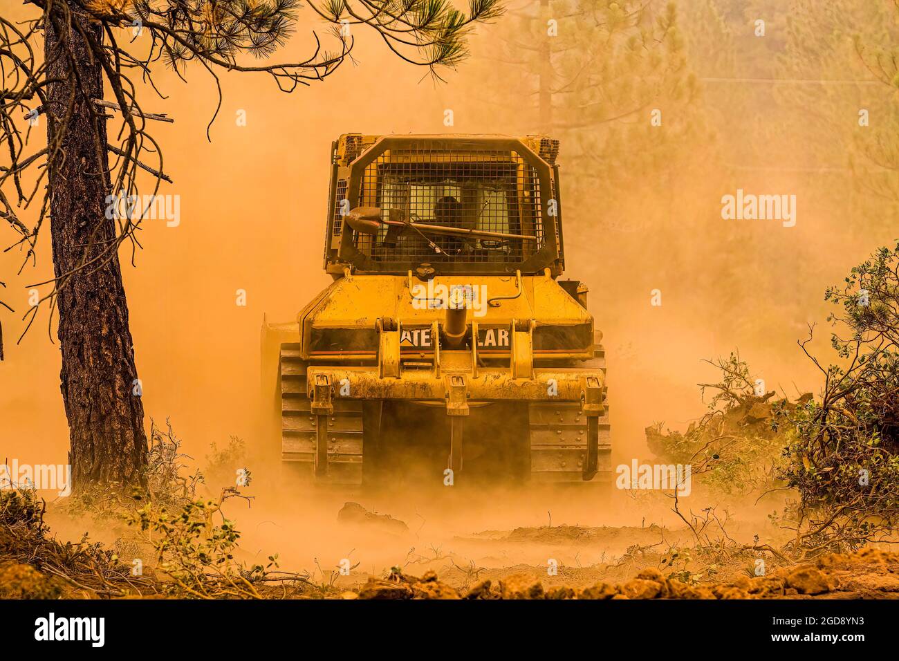 A bulldozer working to build a fire containment line. The Dixie fire ...