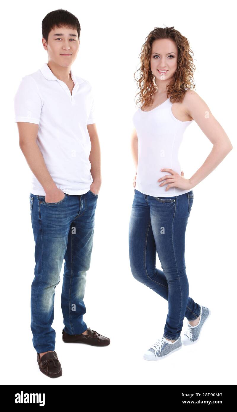 Two beautiful young people isolated on white Stock Photo - Alamy