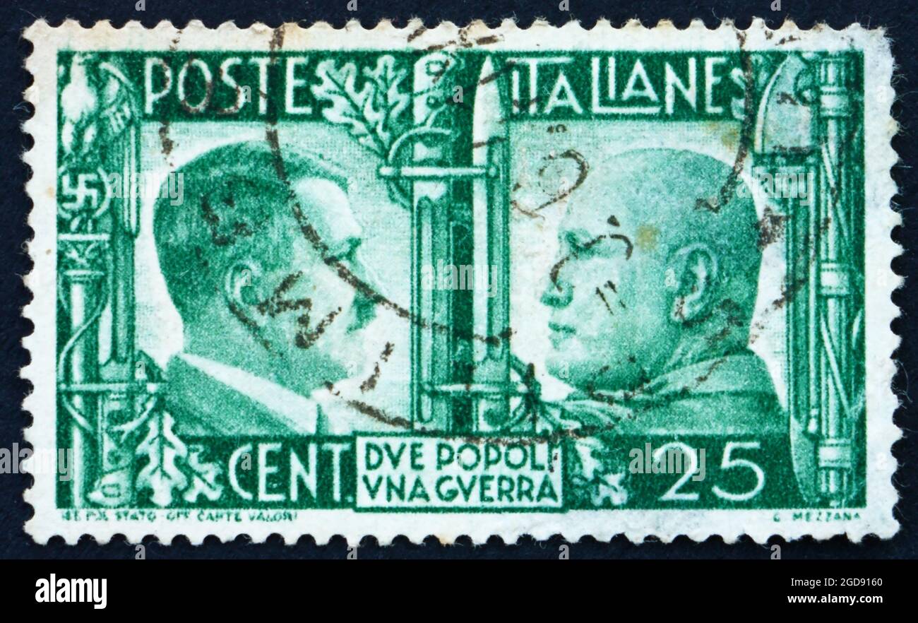 ITALY - CIRCA 1941: a stamp printed in the Italy shows Adolf Hitler and ...