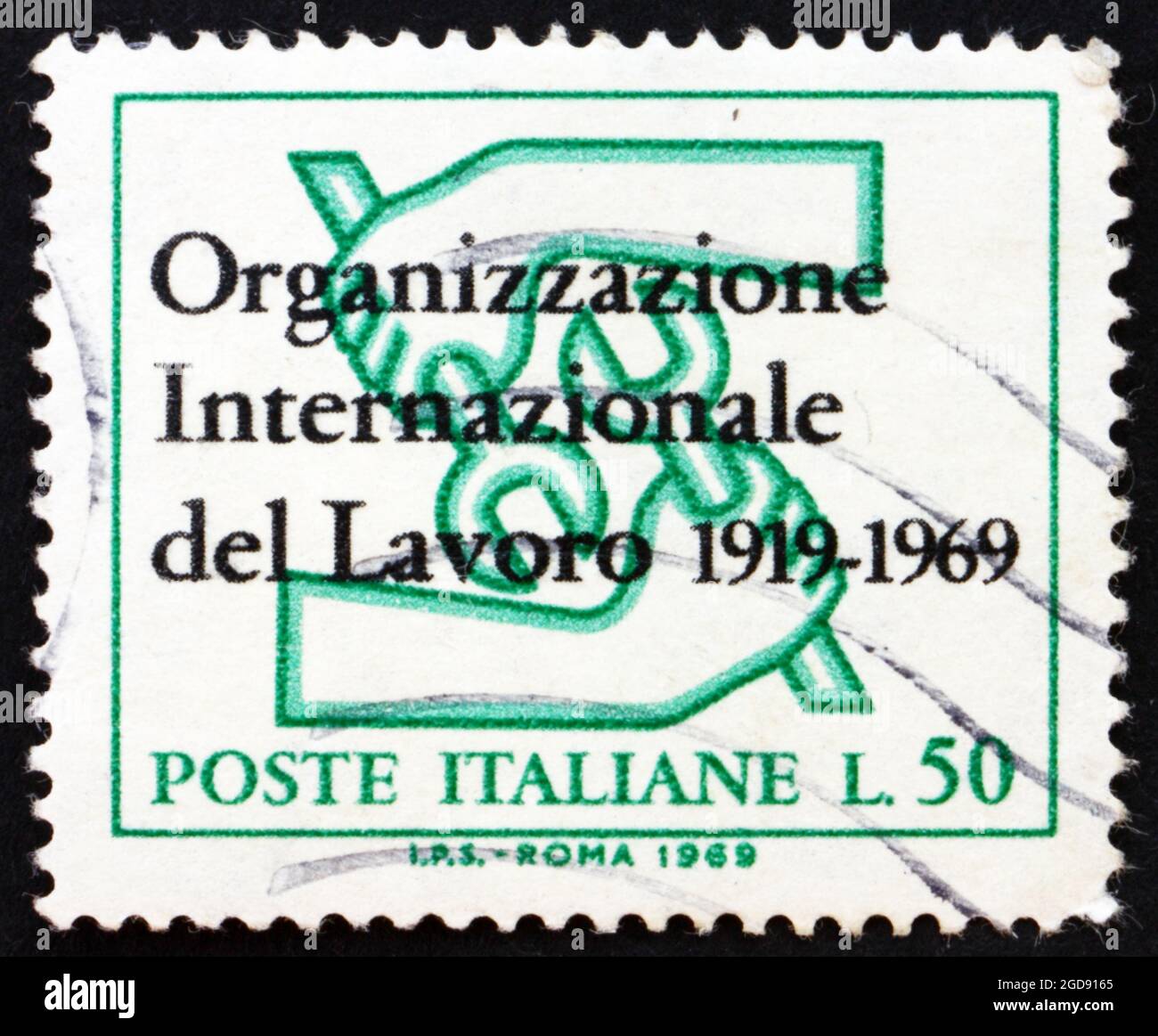 ITALY - CIRCA 1969: a stamp printed in the Italy shows ILO Emblem, 50th ...