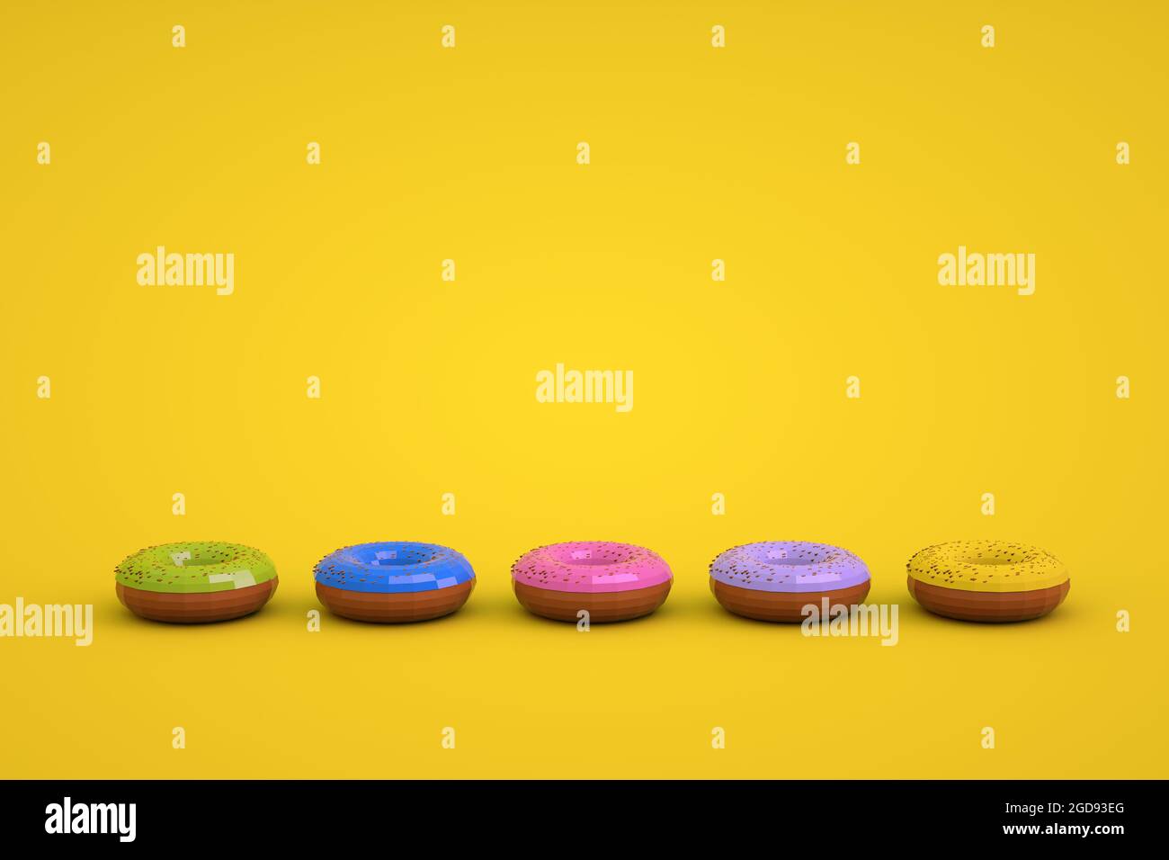 Graphic 3d models of glazed donuts on a yellow isolated background ...