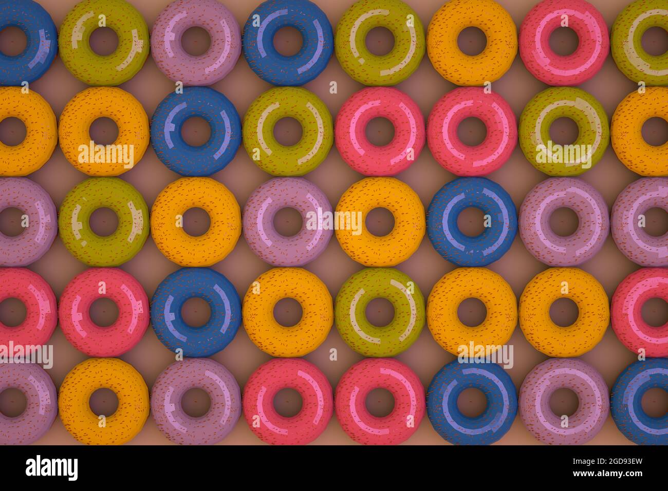 Lot of colorful donuts in icing on a pink isolated background. 3D ...