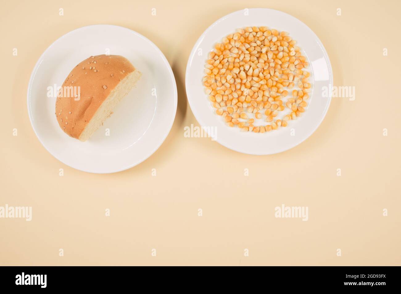 Top view of half bread bun and corn grains on a plate isolated on light ...