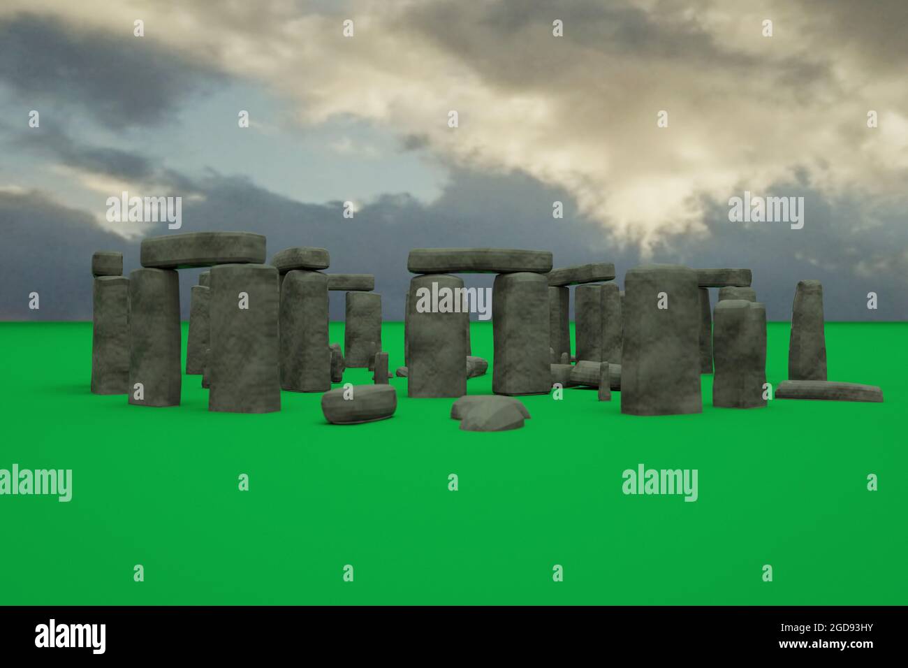 3D models of ancient ruined stone ruins stand on a green floor, grass ...