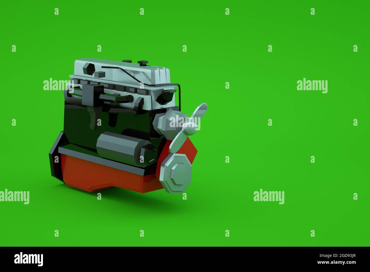 3d model of a mechanical part of a red large piston on a green isolated ...