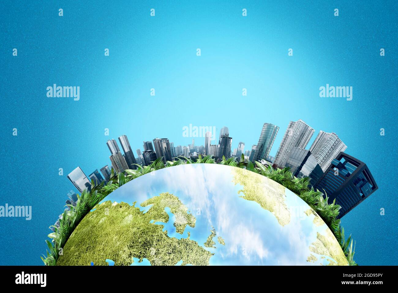 Earth with modern buildings and skyscrapers above it. Environment ...
