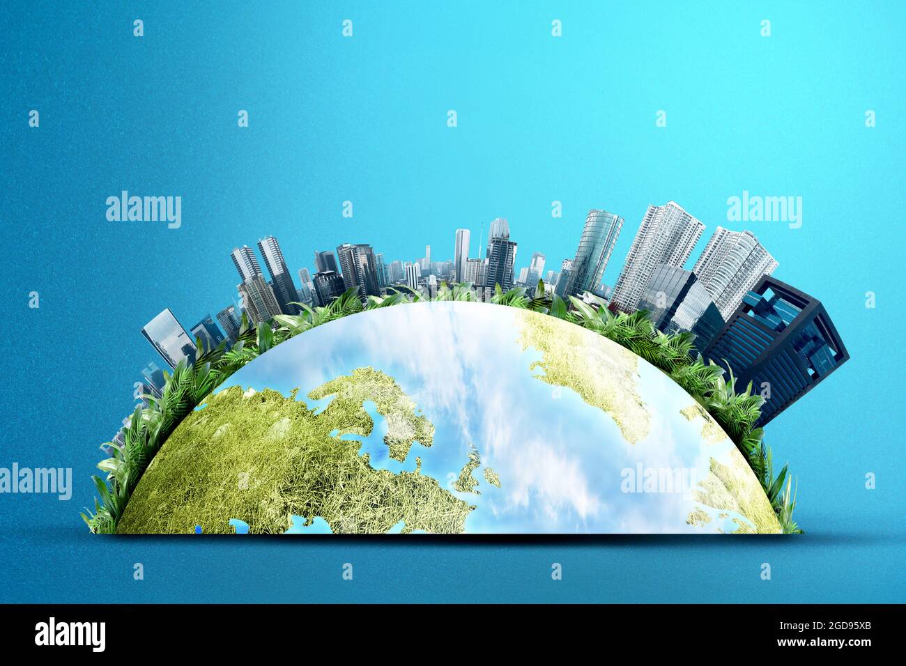 Earth with modern buildings and skyscrapers above it. Environment ...