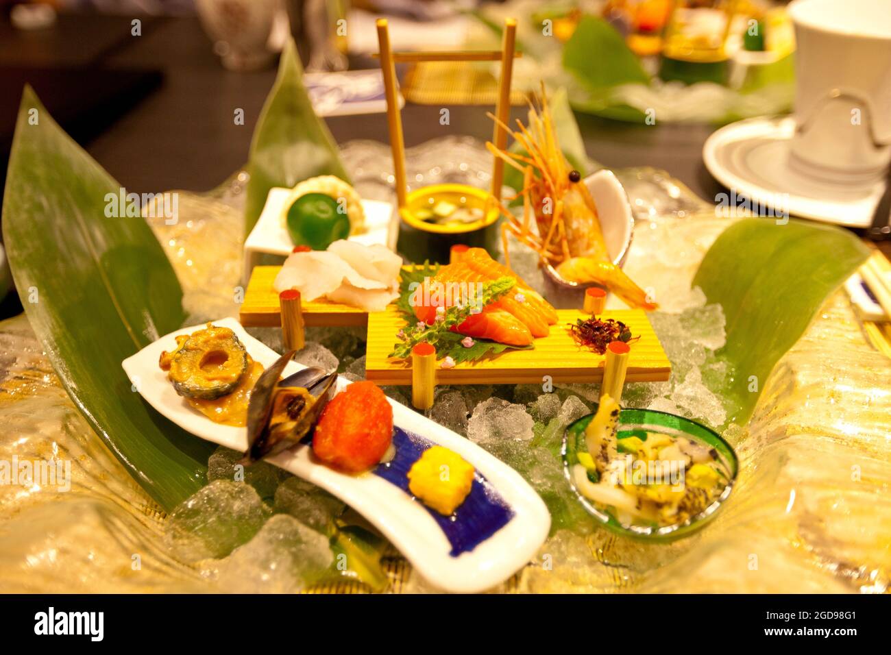 Assorted seafood sashimi in a traditional Japanese omakase dinner Stock ...