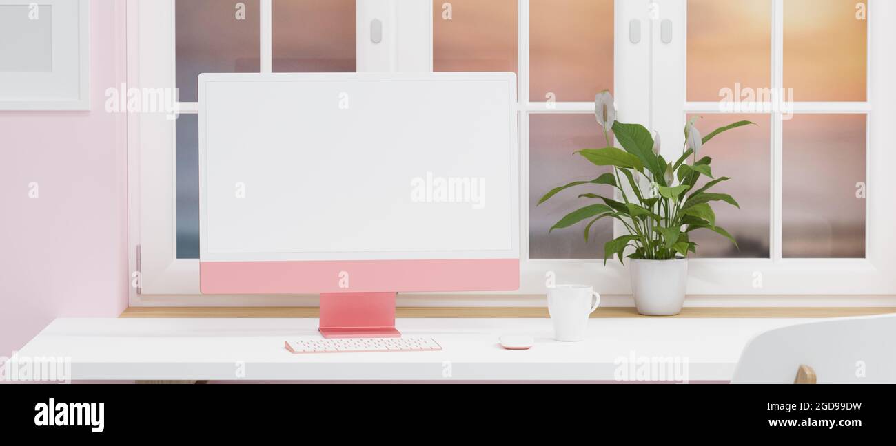 Pink tone working room, girl workspace with pink computer mockup on ...