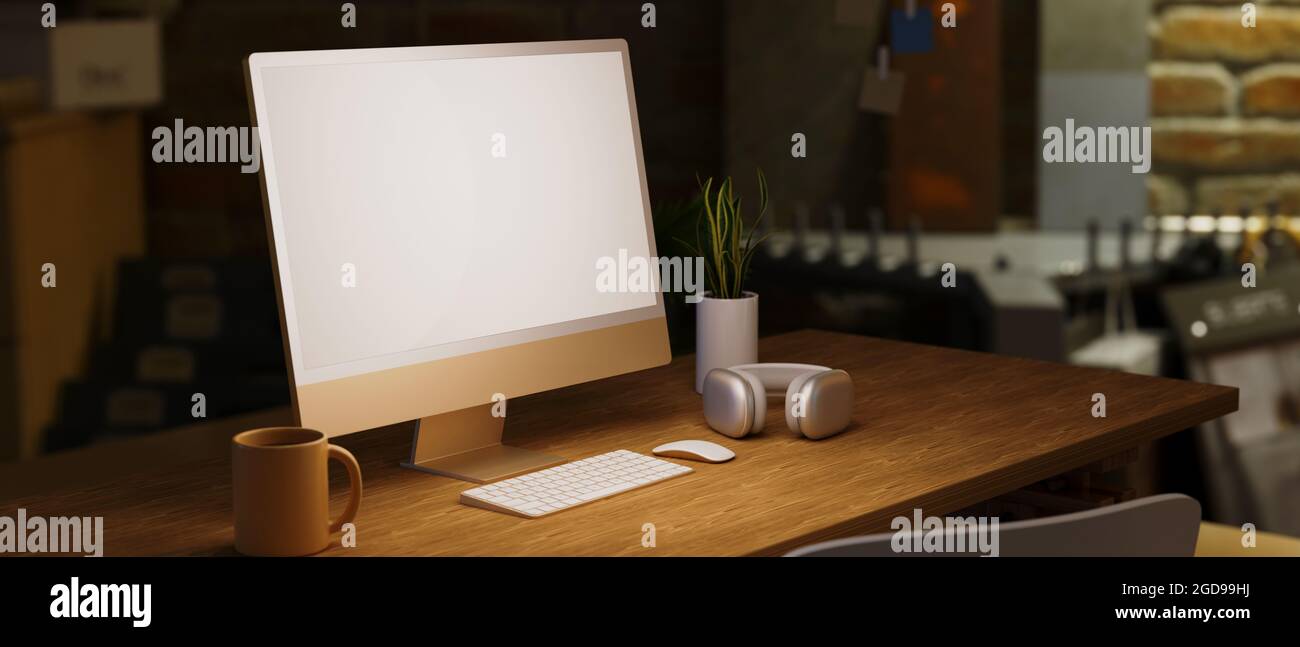 Side view, Vintage wood table with electronic devices, computer mockup ...