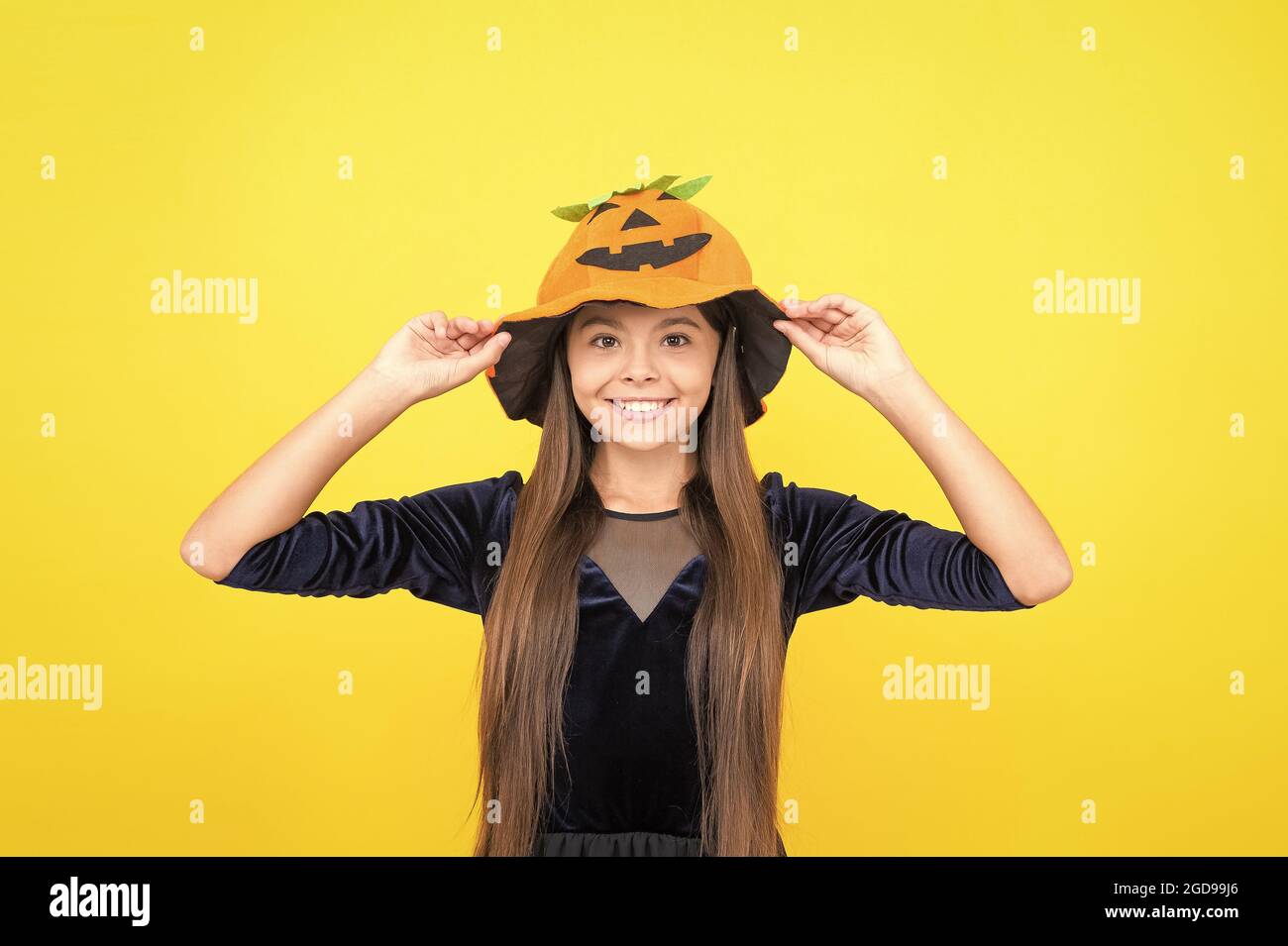 halloween girl in pumpkin hat. happy childhood. teen child in gourd hat ...