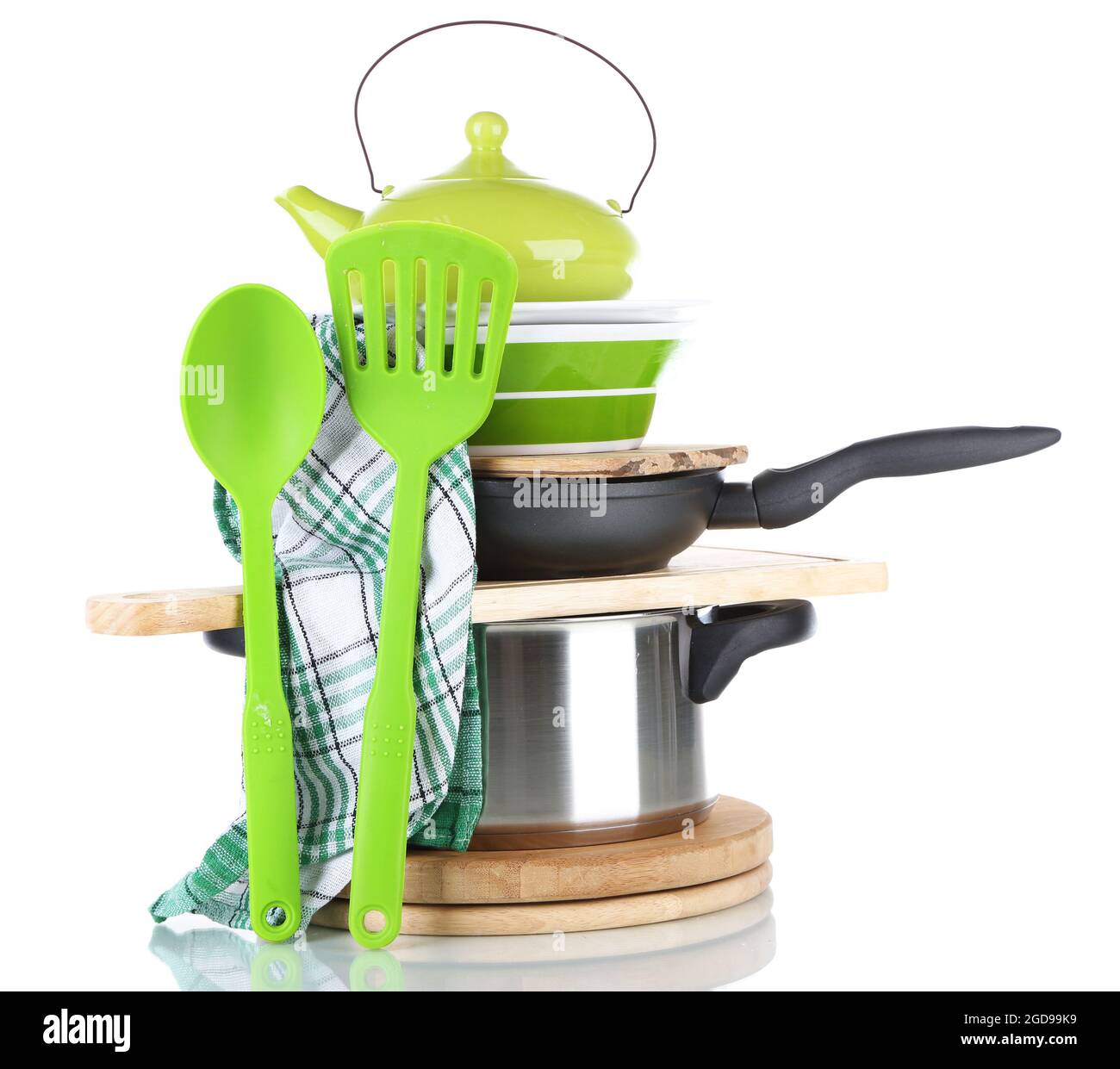 Stacked cooking equipment isolated on white Stock Photo - Alamy