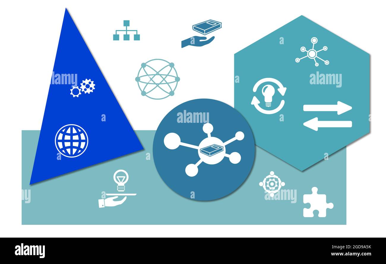 Concept of knowledge sharing with icons on geometric shapes background ...