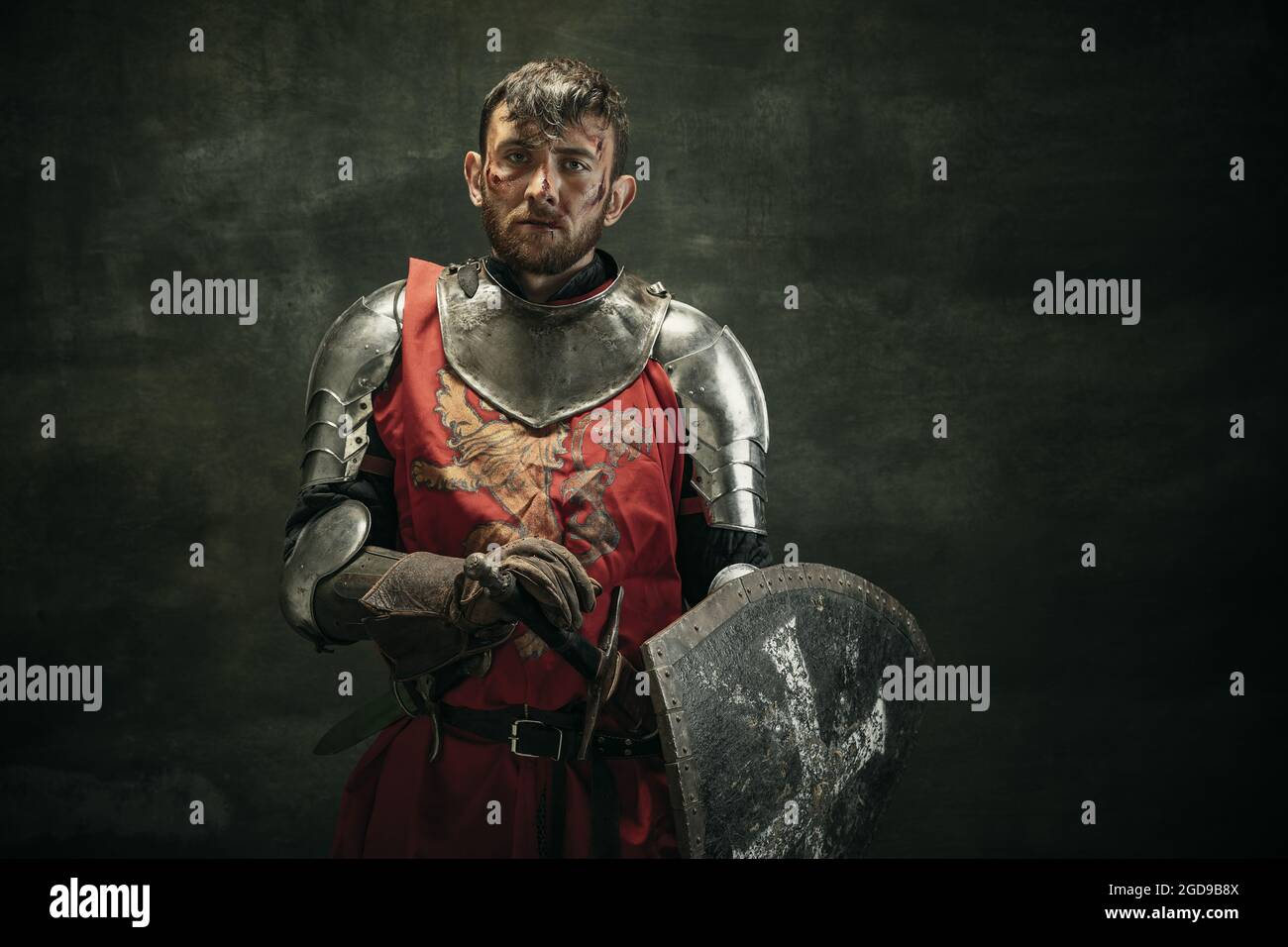 Portrait of one brutal bearded man, medeival warrior or knight with ...