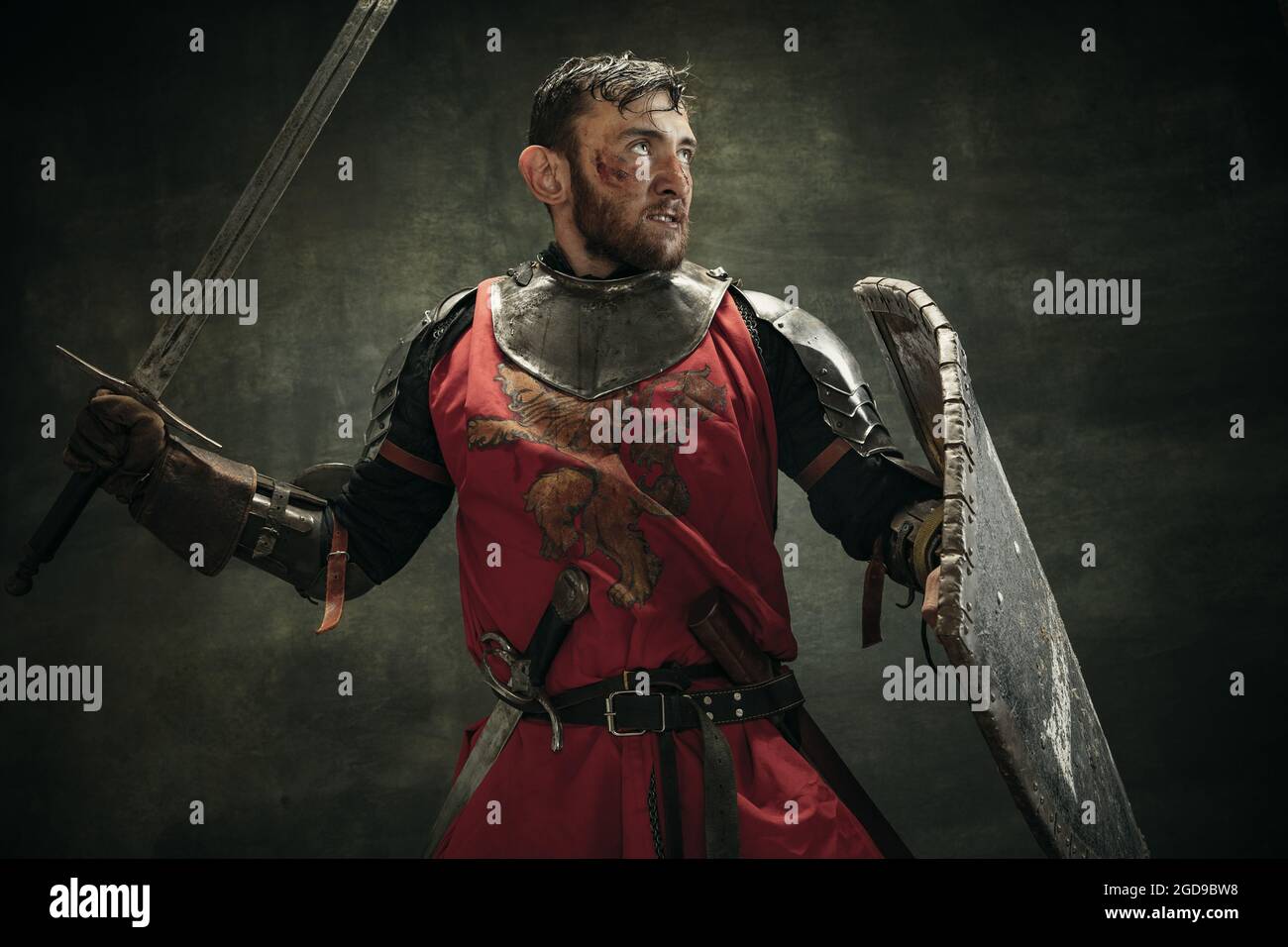 Portrait of one brutal bearded man, medeival warrior or knight with ...