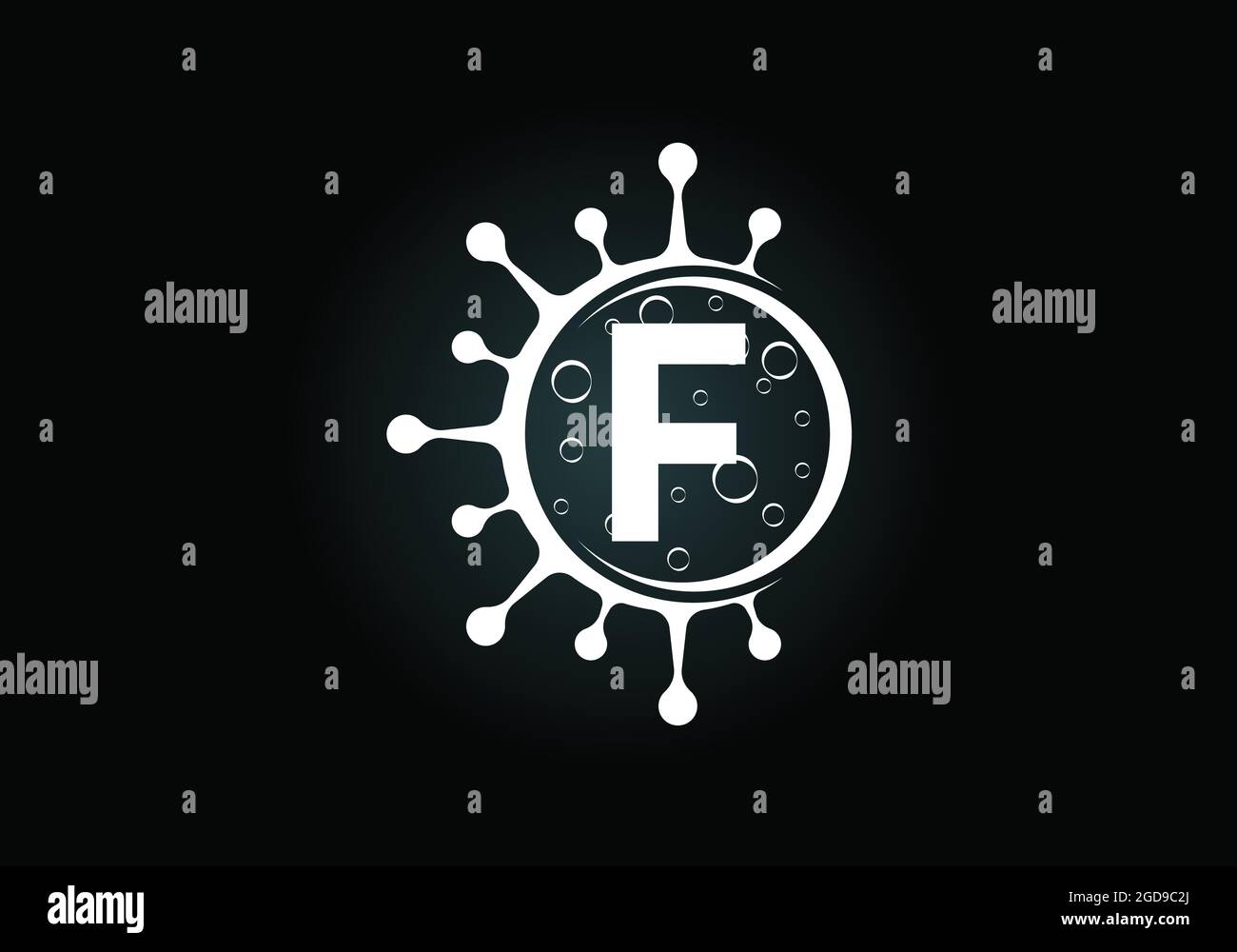 Initial F monogram alphabet with Coronavirus cells. Lab logo sign ...