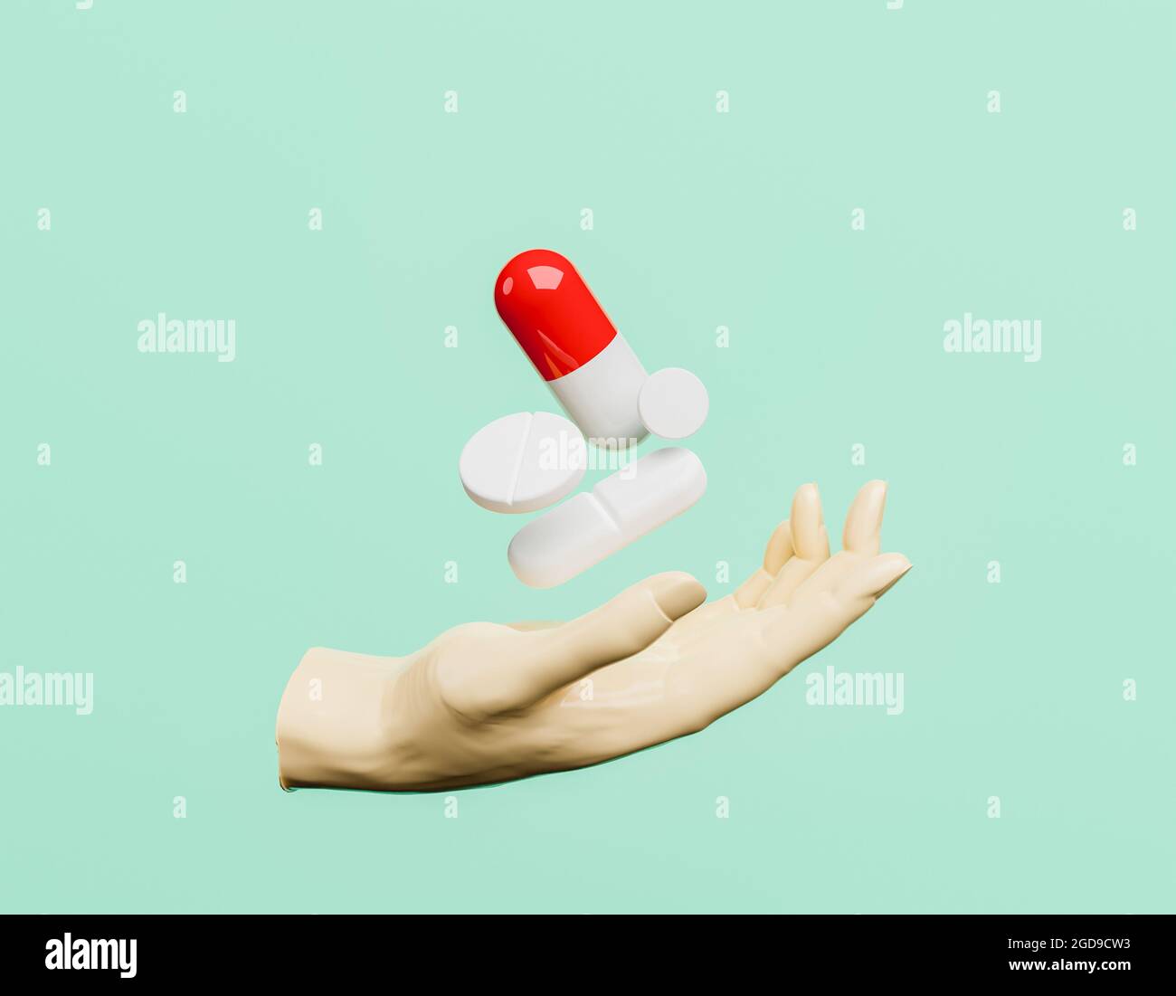hand with pills floating on it. concept of medication, pharmacy and ...