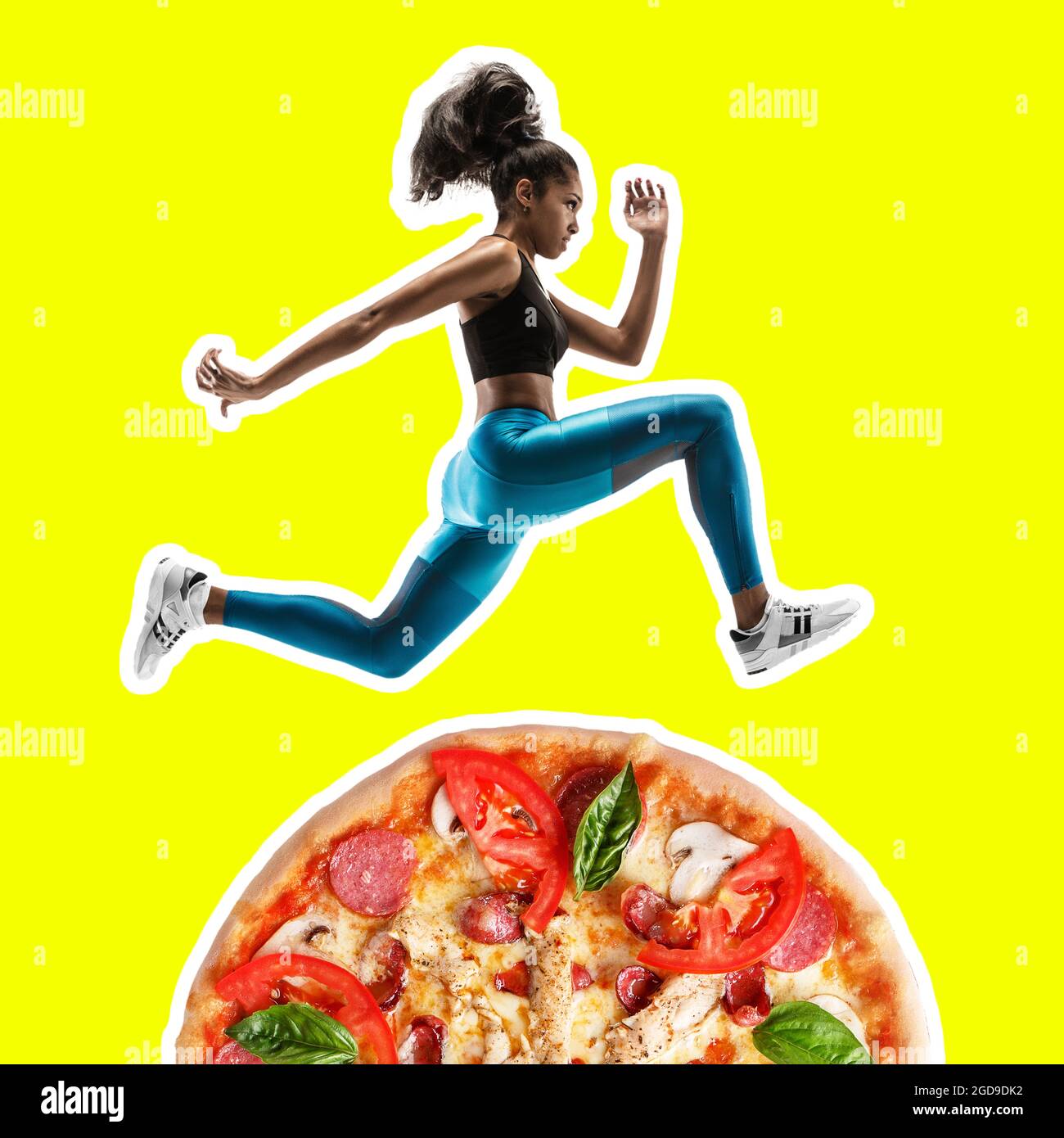 Fit young woman running from bad food on color background. Female ...