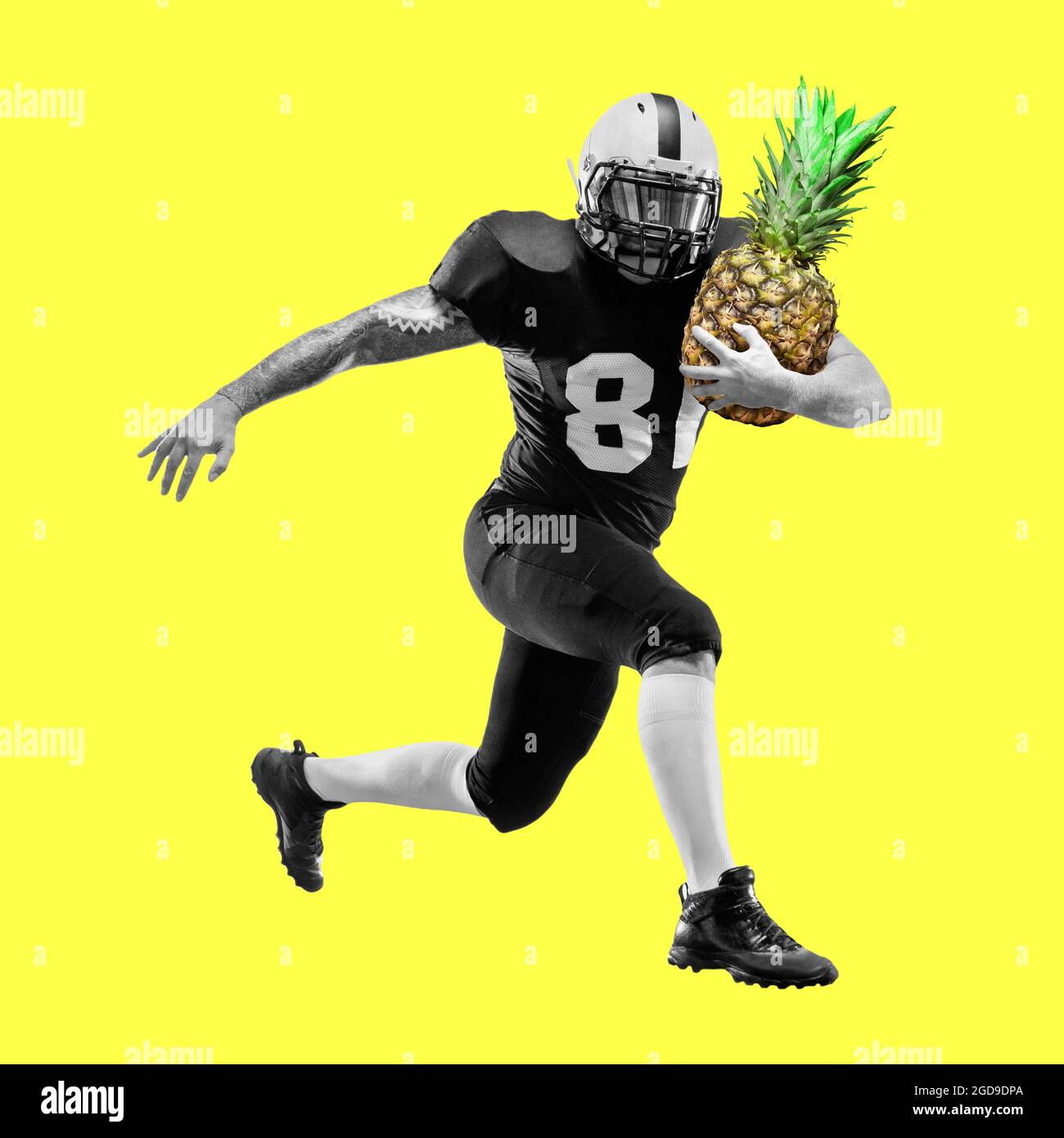 Strong man, american football player running with good food on yellow ...