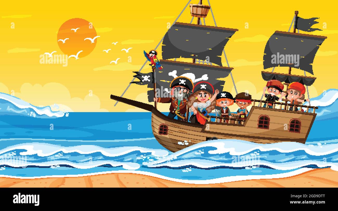 Ocean scene at sunset time with Pirate kids on the ship illustration ...