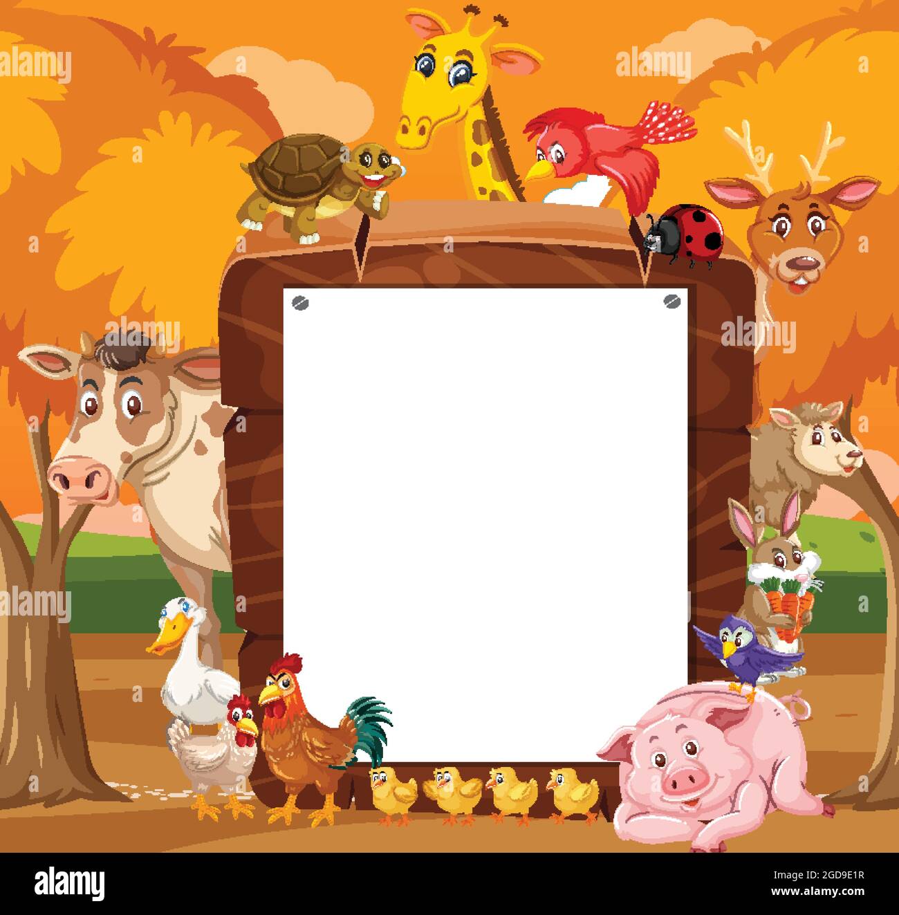 Empty wooden frame with various wild animals in the forest illustration ...