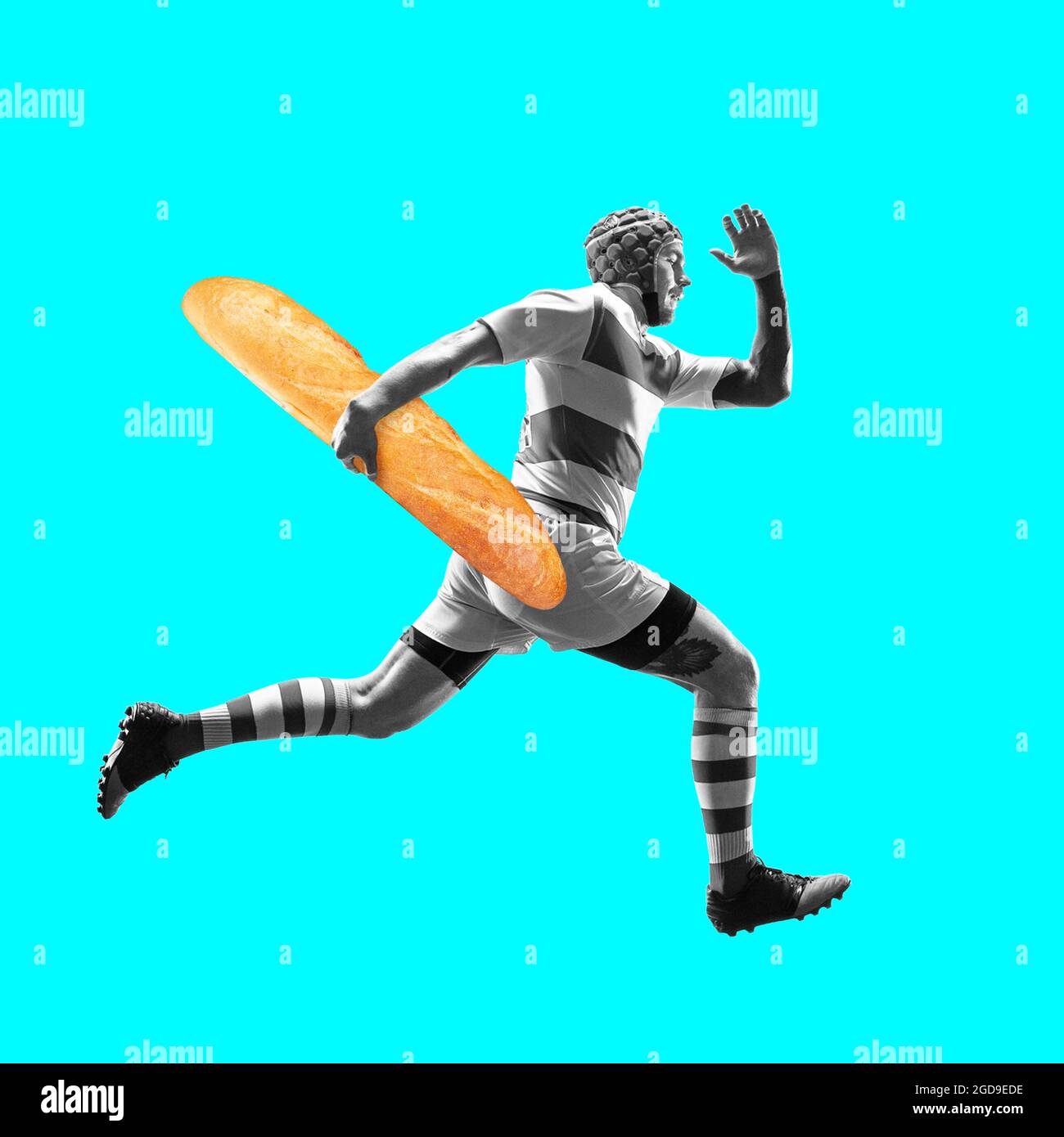 Fit young man running with French baguette on color background. Male ...