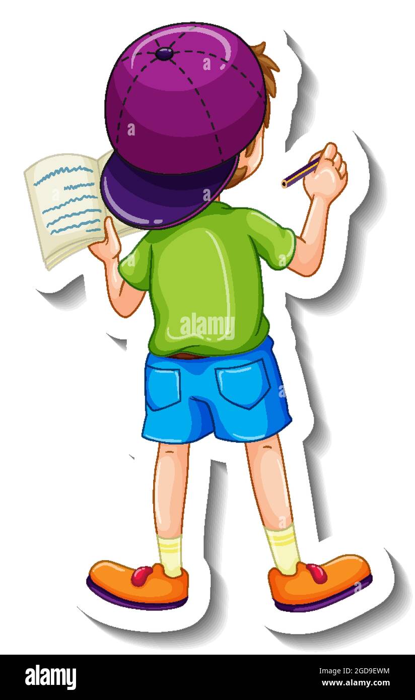 Sticker template with behind of a boy cartoon character isolated ...