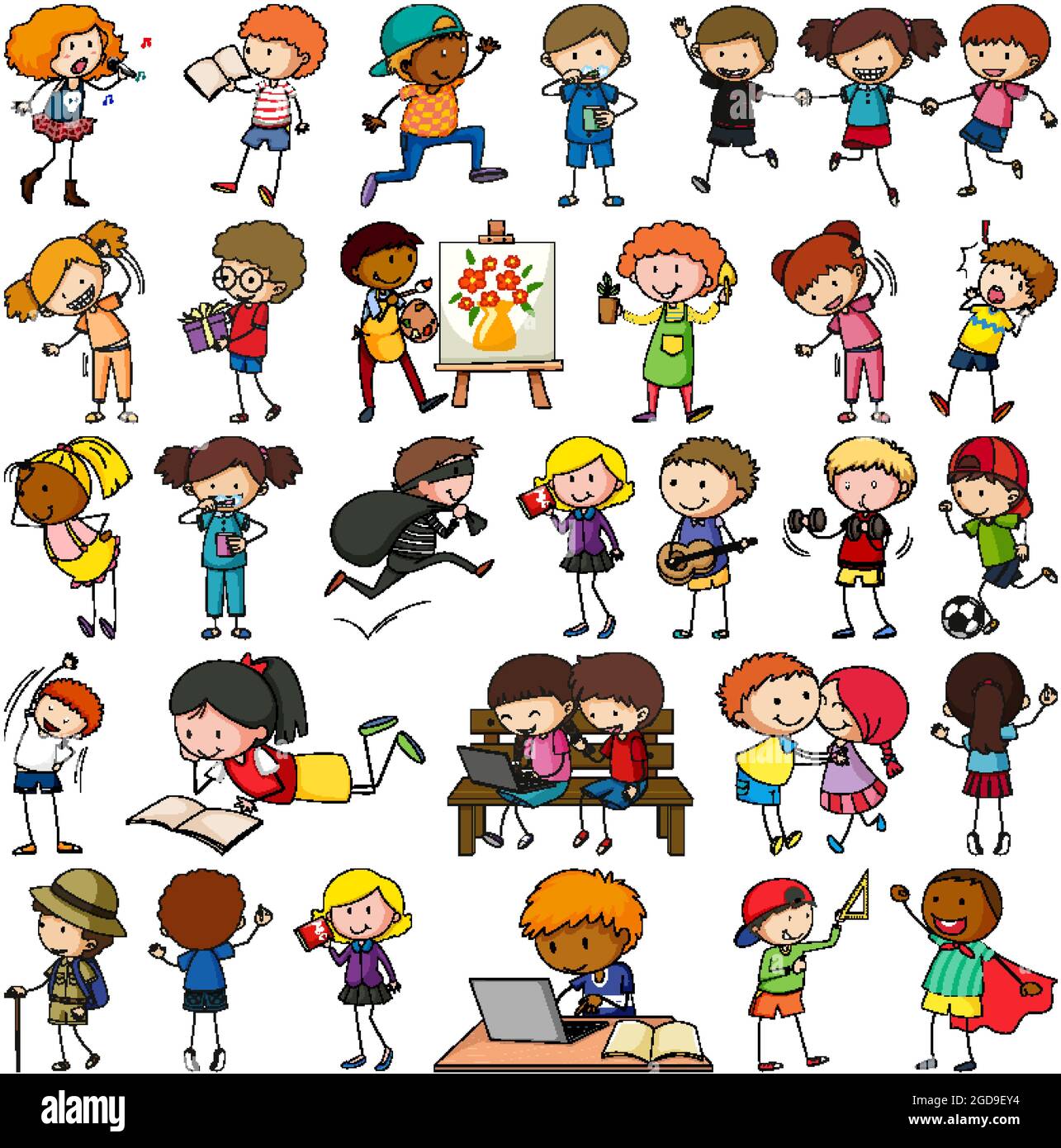 Set of different doodle kids cartoon character illustration Stock ...