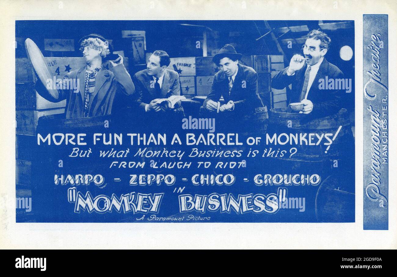 THE FOUR MARX BROTHERS HARPO ZEPPO CHICO and GROUCHO in MONKEY BUSINESS ...