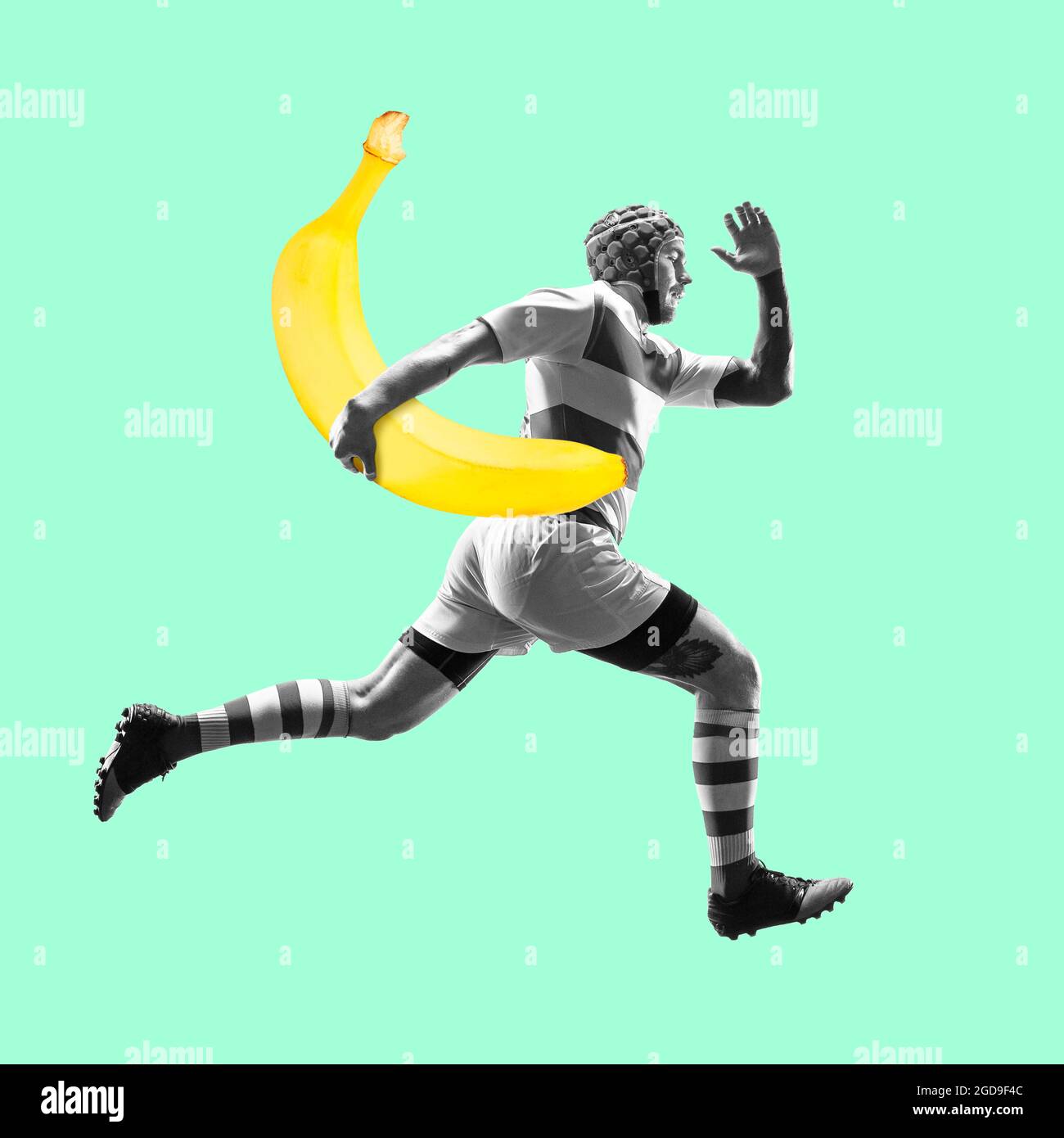 Fit young man running with good food on color background. Male rugby ...