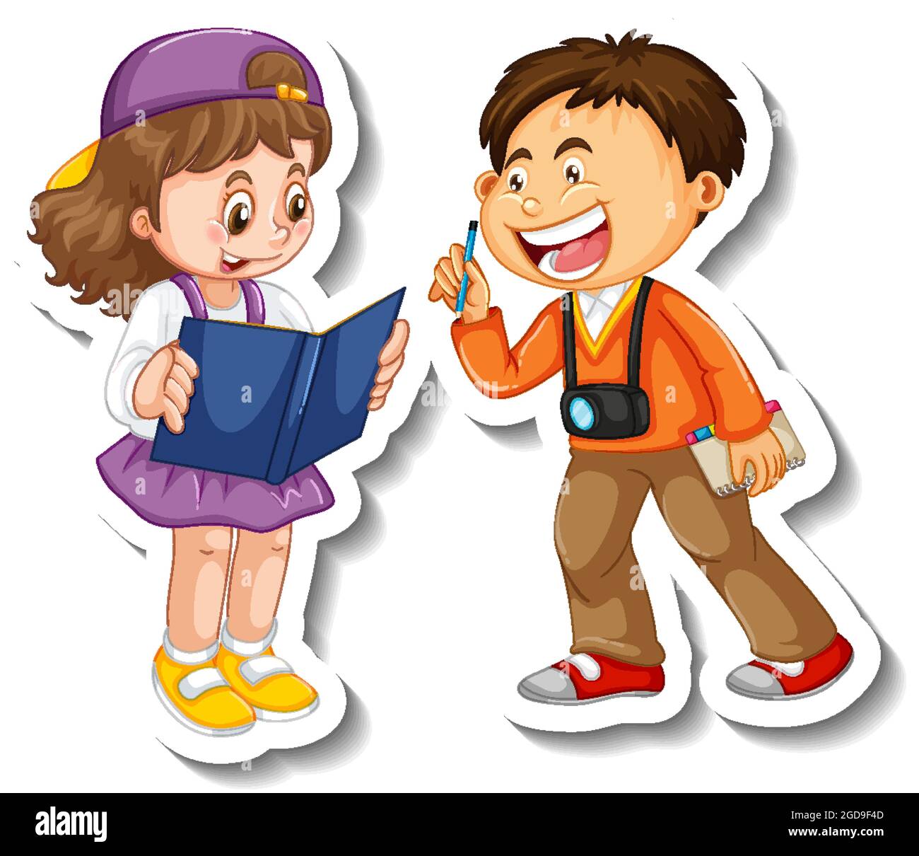 Sticker template with couple of kids students cartoon character ...