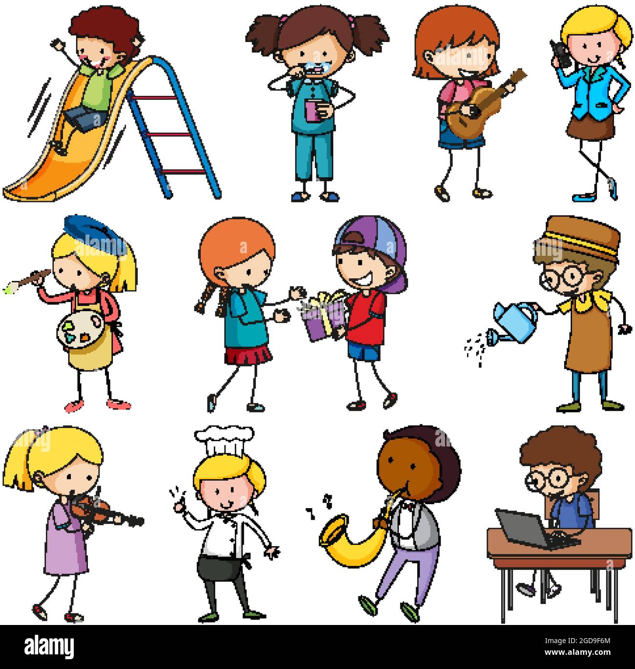Set of different doodle kids cartoon character isolated illustration ...